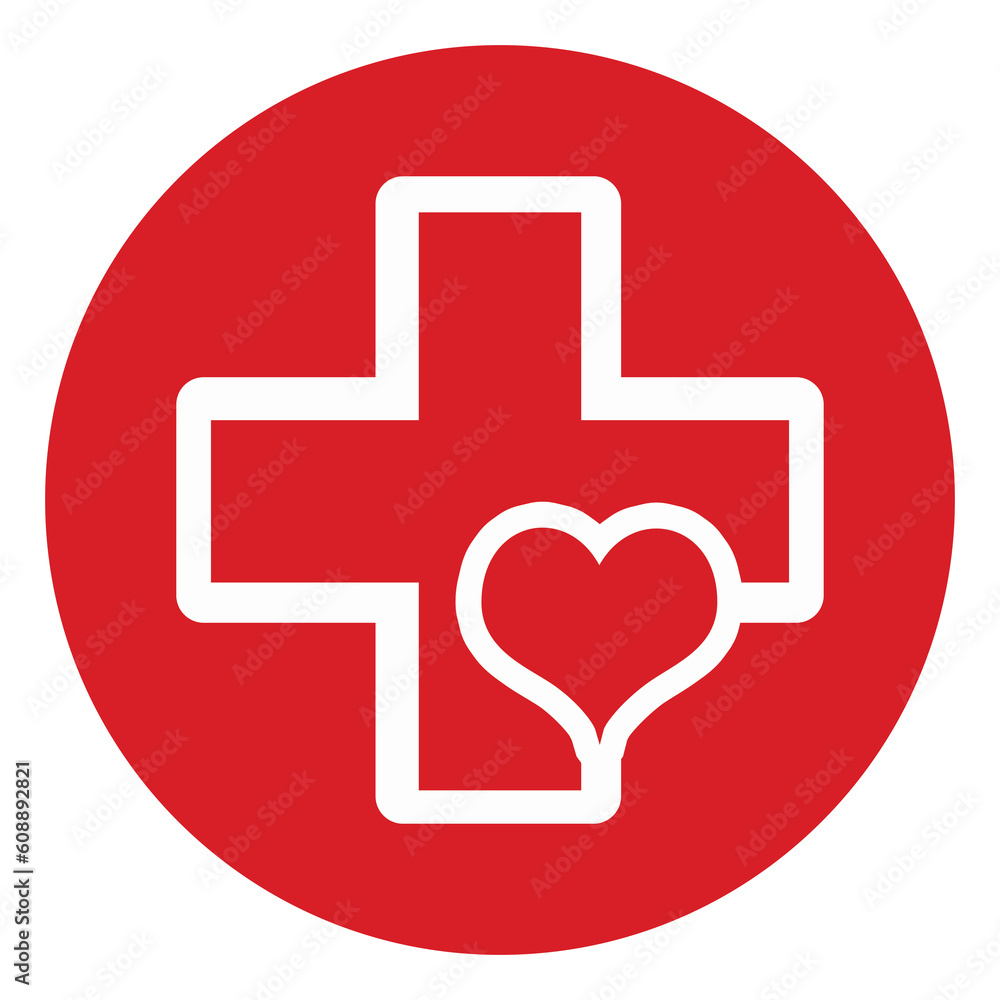 Digital png illustration of cross and heart icons on red circle on ...