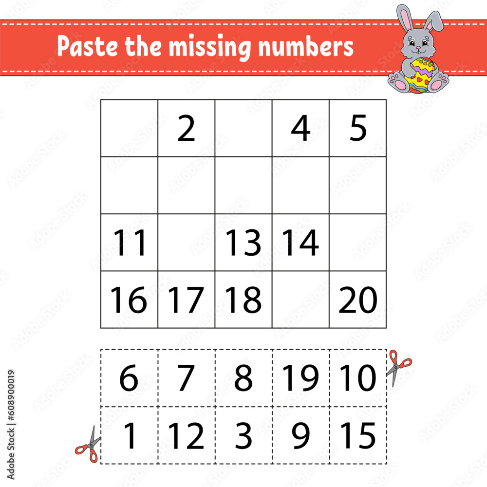 Paste the missing numbers 1-20. Game for children. Handwriting practice ...