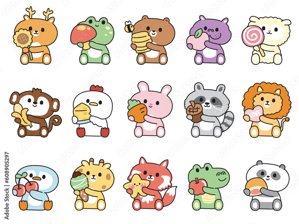 Set of cute animals sit and hold object cartoon.Wild and farm animals ...