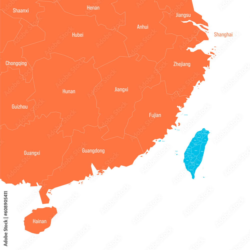 Vetor de Political map of Taiwan and China focused on Taiwan and the ...