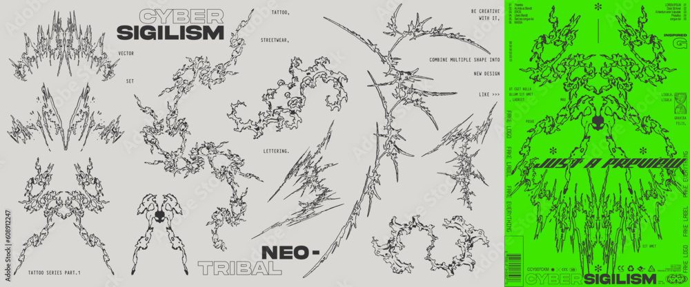 Neo tribal or cyber sigilism shape collection for tattoo, streetwear ...