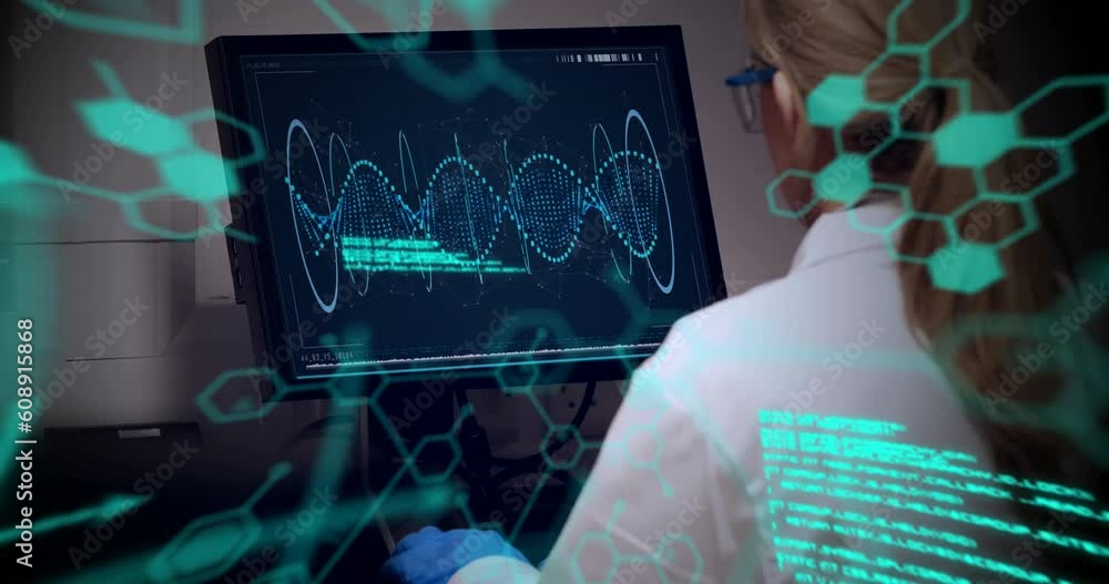 Animation of molecule structure, computer language, female researcher examining dna helix on ...