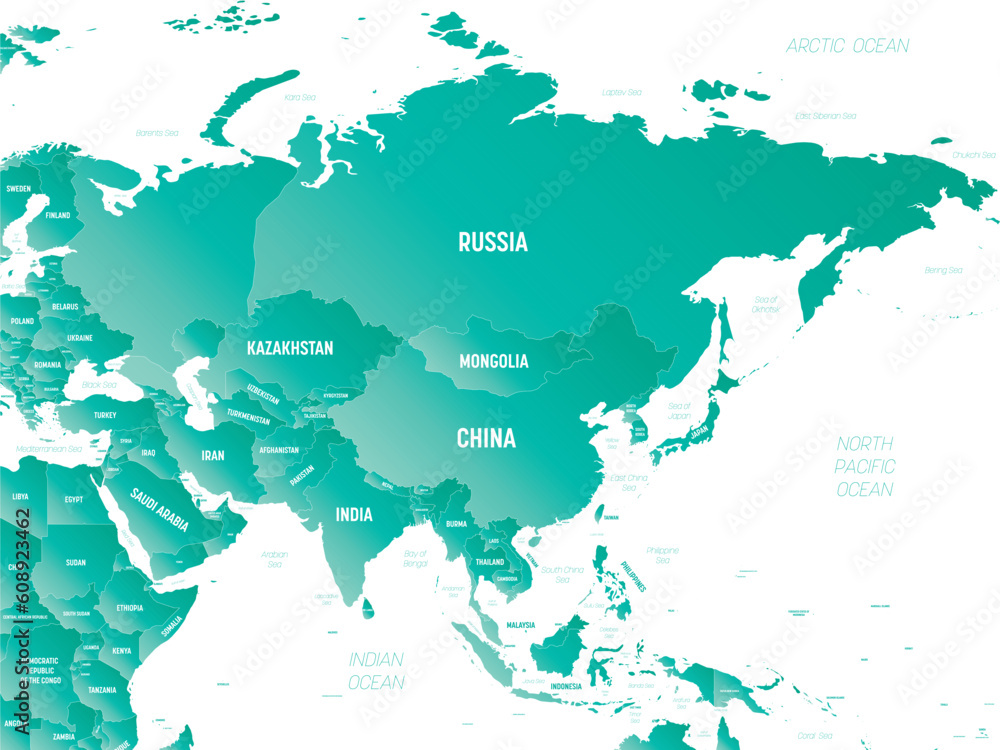 Asia - brown orange hue colored on dark background. High detailed ...
