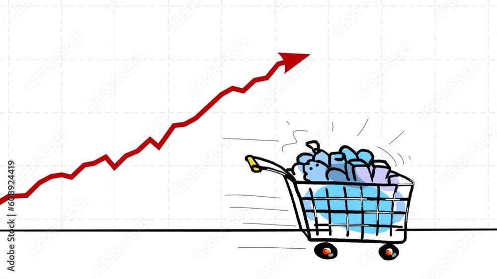 Marketing cartoon super market trail basket statistics. Chart arrow ...