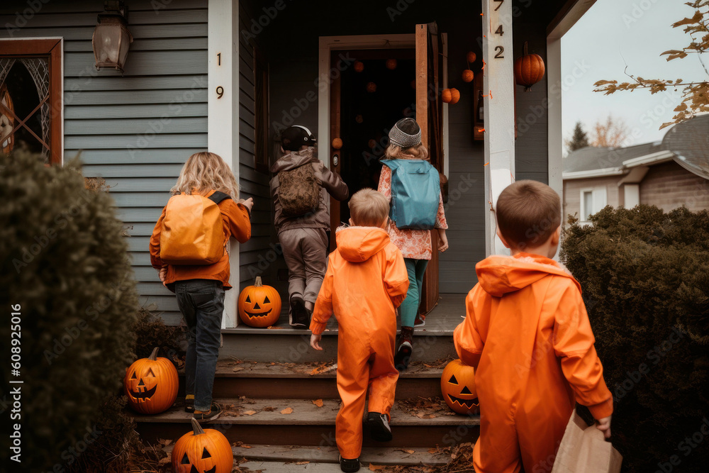 Children in Halloween costumes walking in decorated neighborhood fun ...