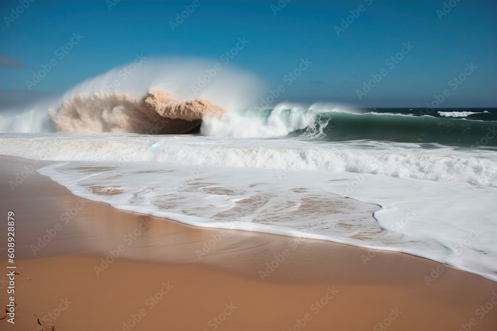 an ocean shore break in front view. Dangerous shore breaking wave. Huge ...
