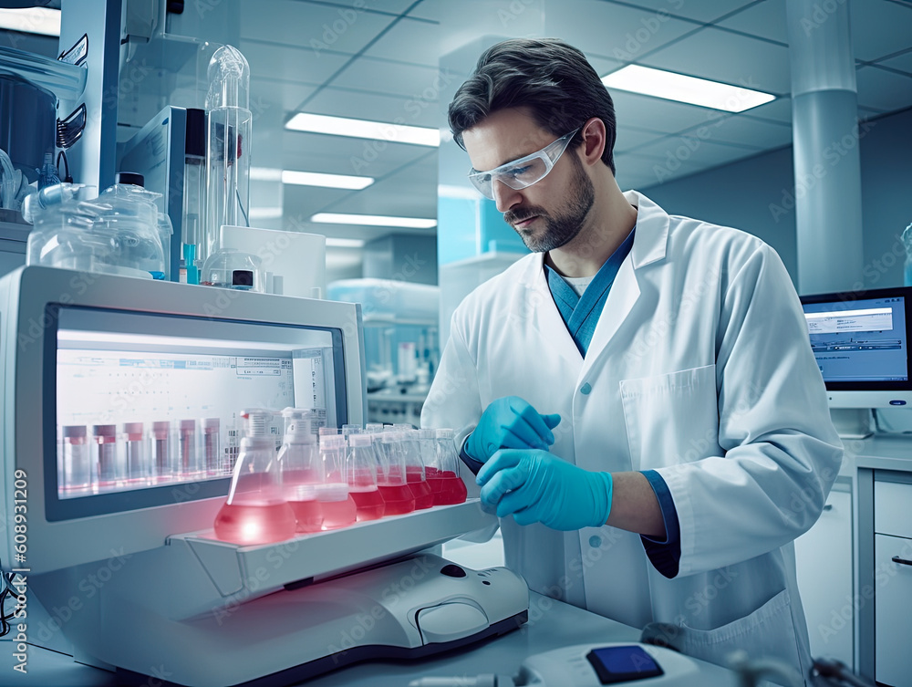 Bioengineering laboratory with a scientist with cell culture assay ...