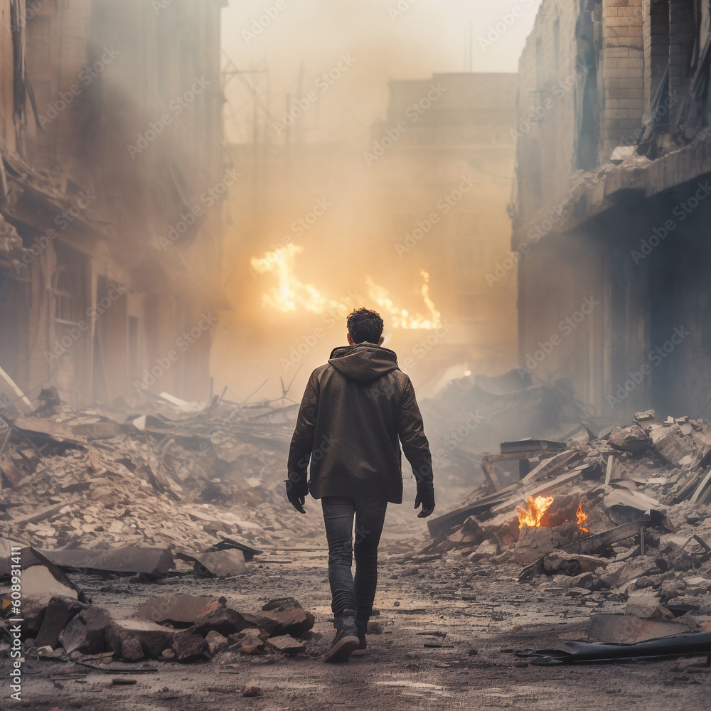 Man walks through the city destroyed after the war, rear view. Human ...