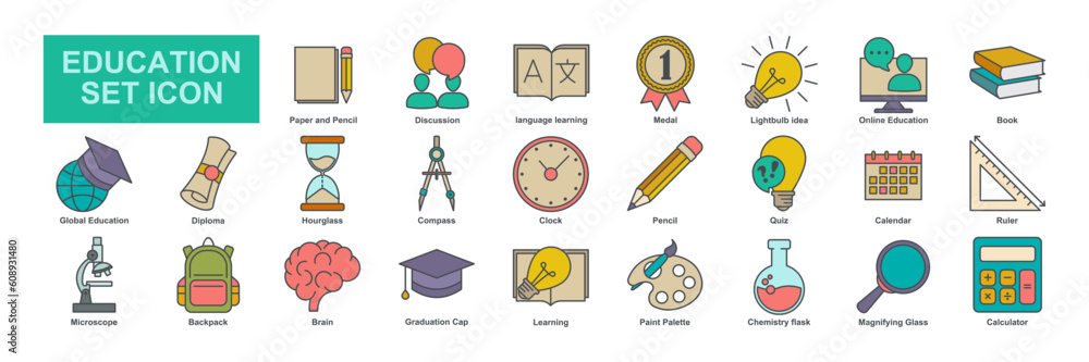 e-learning education elements Flat set icon symbol template for graphic ...