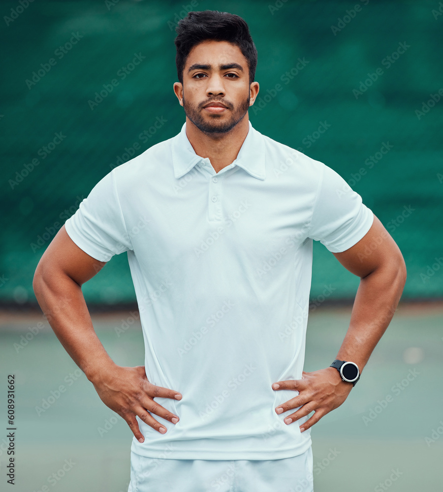 Sports, tennis court and serious portrait of man with fitness mindset ...