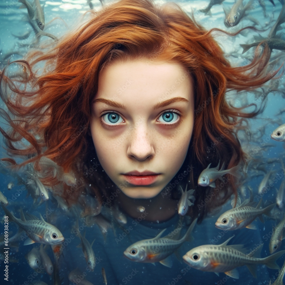 Portrait of a beautiful red hair girl in the swimming pool. 3d ...