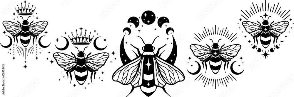 Set of queen bee logo with stars and moon. Collection of magic bumblebee with crown. Bee kind ...
