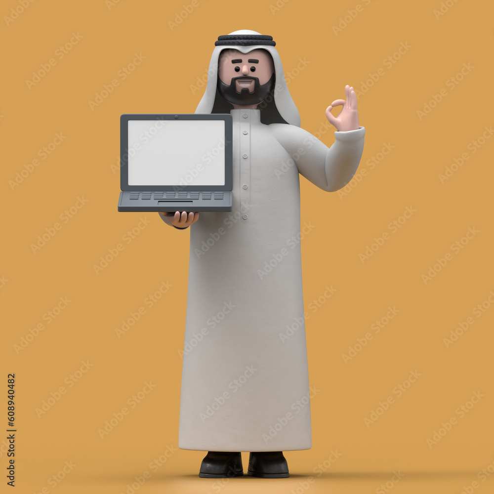 3D illustration of a smiling Arab man Hadi with ok gesture showing ...