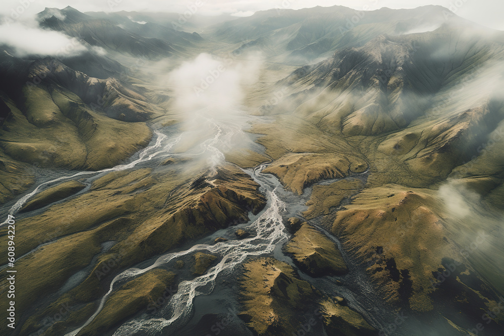 Aerial Photograph of a Glacial River Delta in Iceland with many ...