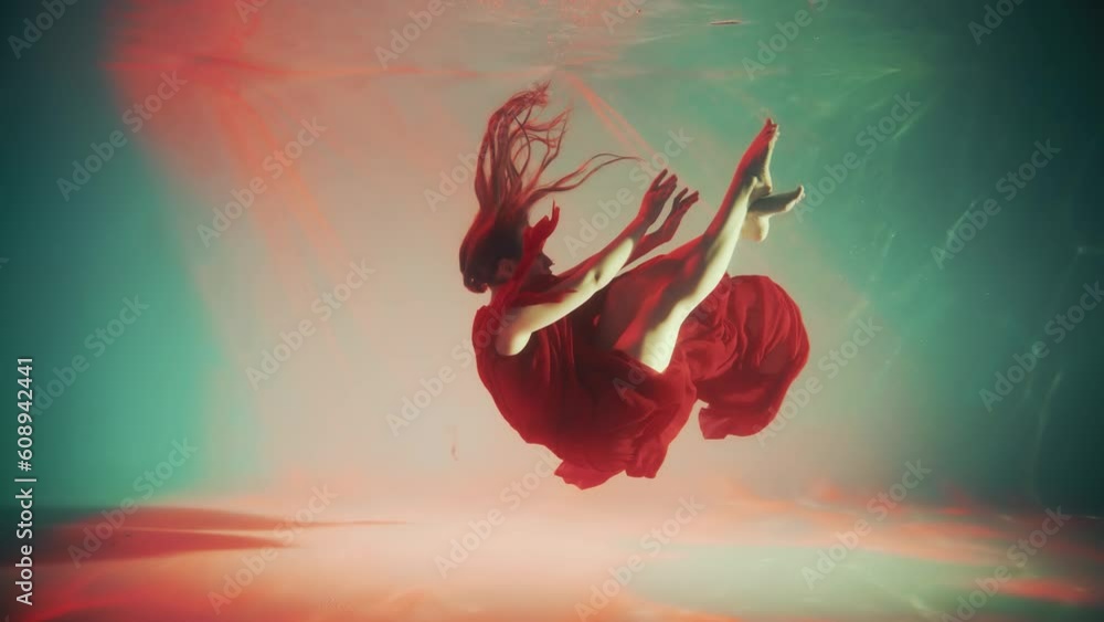 Fantasy mystery woman dancer swims underwater in magic neon green red ...