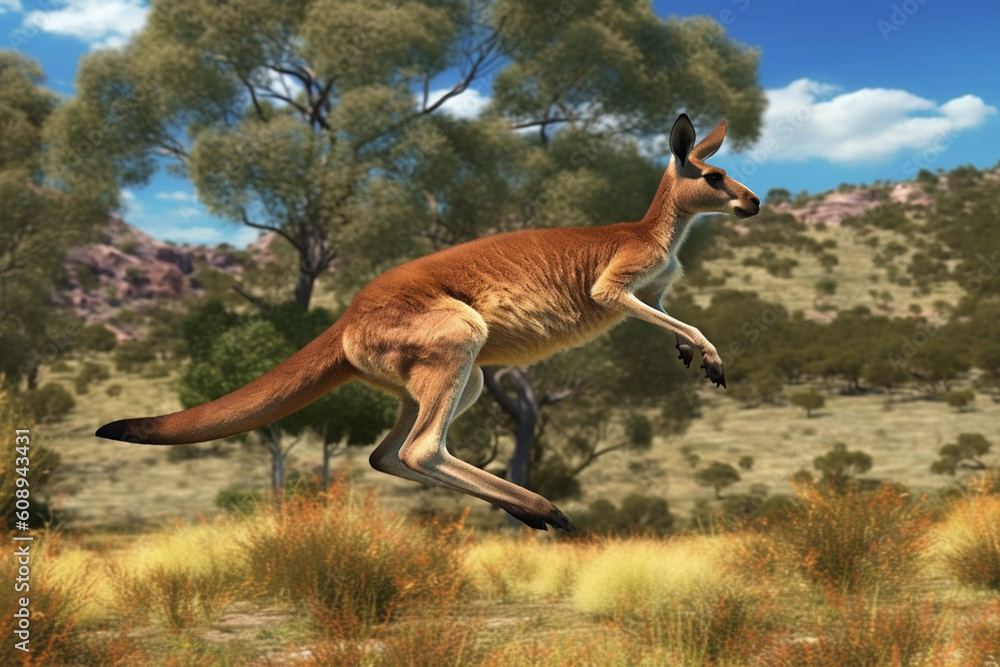A photograph of a kangaroo in mid-jump, displaying its powerful hind ...