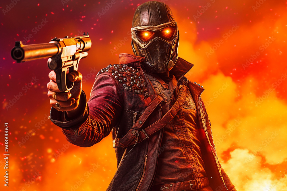 A digital artwork of a bandit wearing a leather mask and wielding a ...