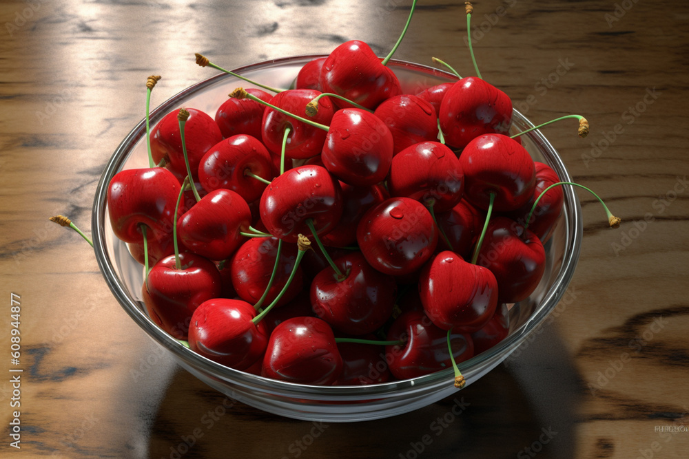 An illustration of a bowl of cherries, with their glossy red skin and ...