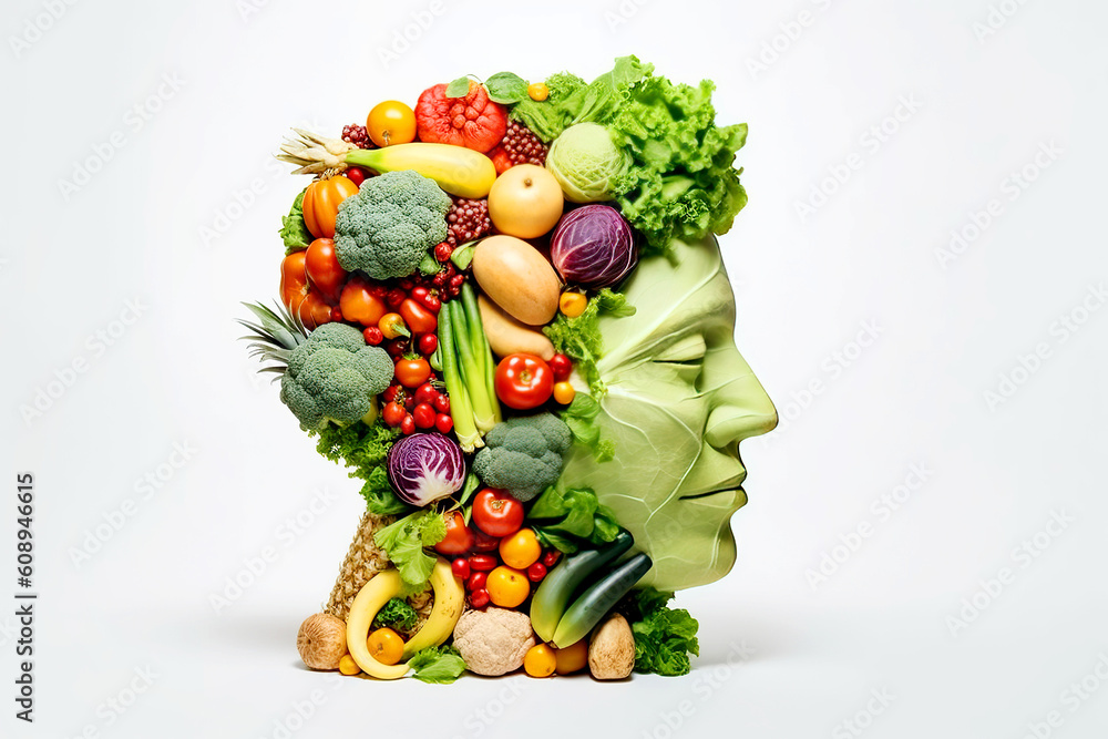 Silhouette of a person's head composed of fruits and vegetables ...