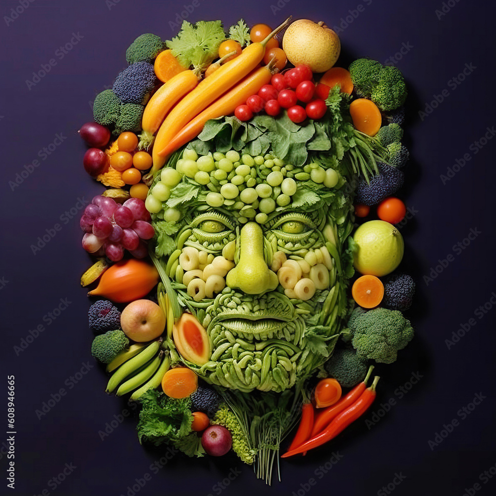 Silhouette of a person's head composed of fruits and vegetables ...