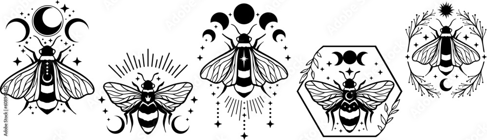 queen bee logo design with stars, moon and flower elements. Collection ...