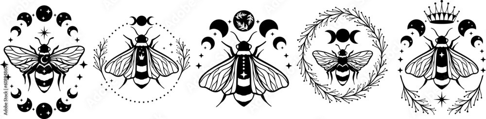 Bee logo design with stars, moon and flower wreath. Collection of magic ...