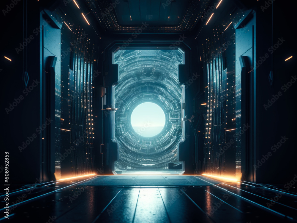 Abstract open doors to universe. Cyberpunk neon door background concept ...