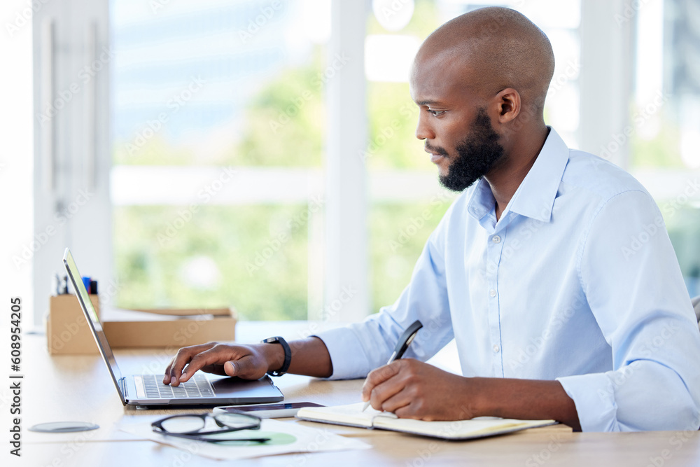 Laptop, accountant and black man writing notes for research, planning ...