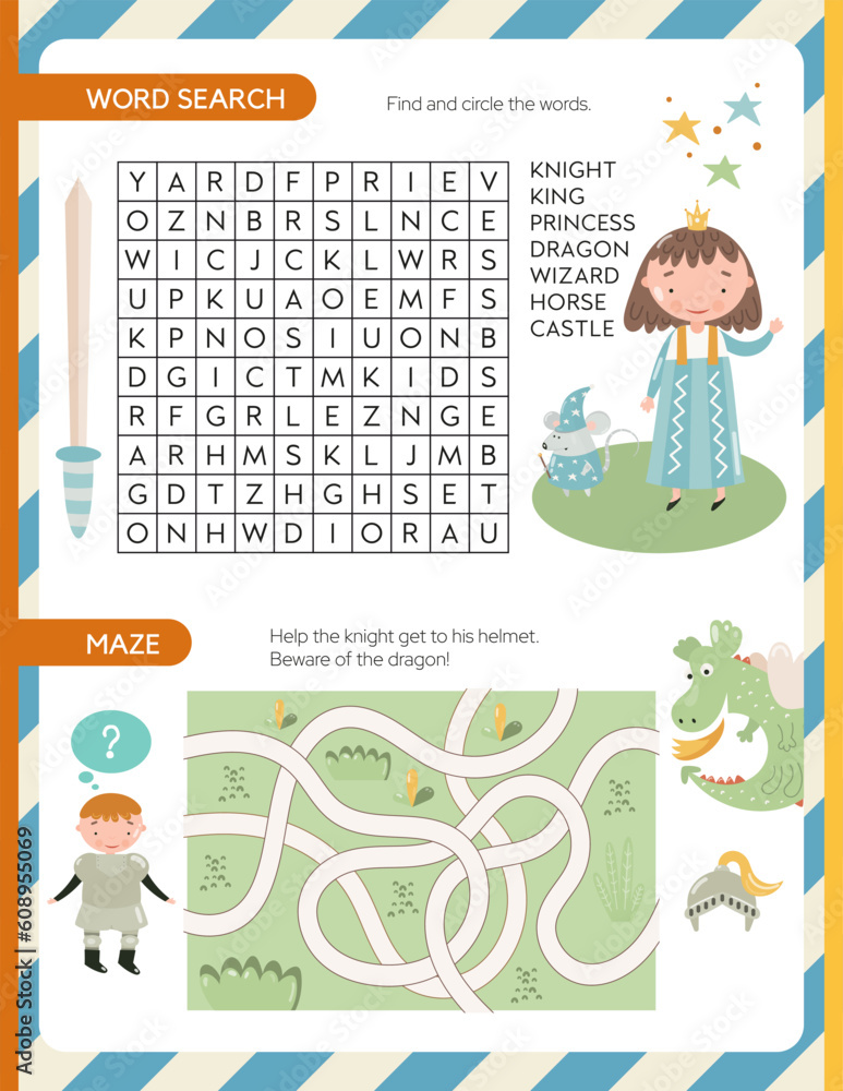 Activity page for kids – maze, word search. Game set worksheet with ...