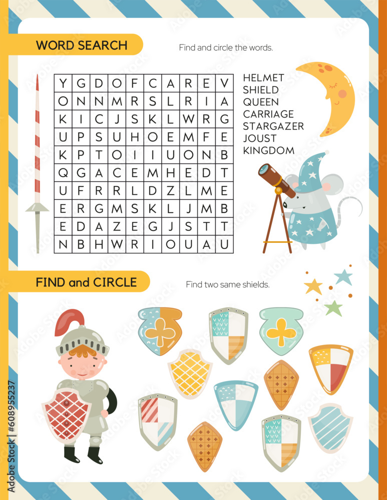 Word search, find and circle knight theme kids activity book Stock ...