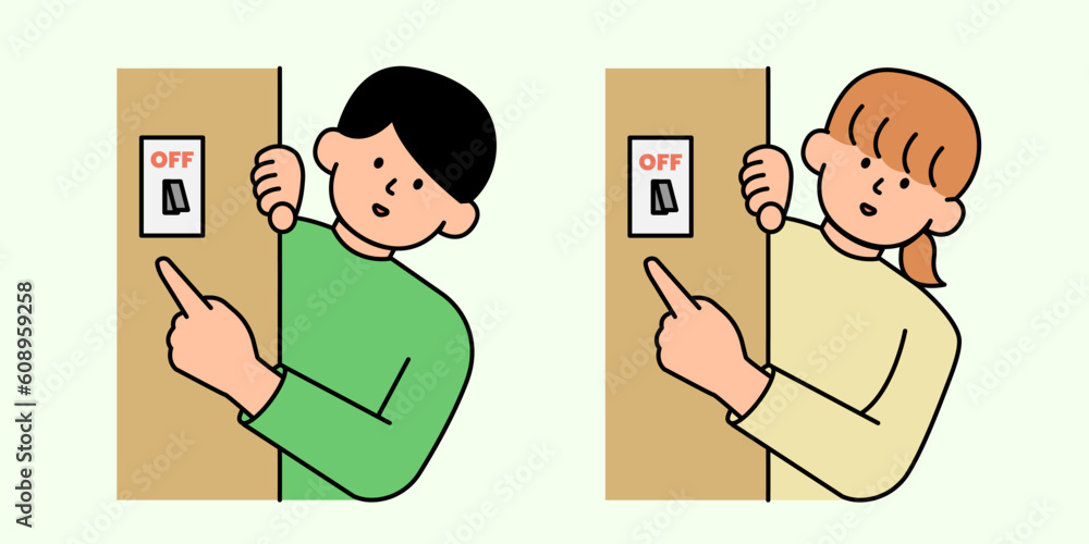 Man and Woman Pointing to Light Switch , Turning Off to Save ...