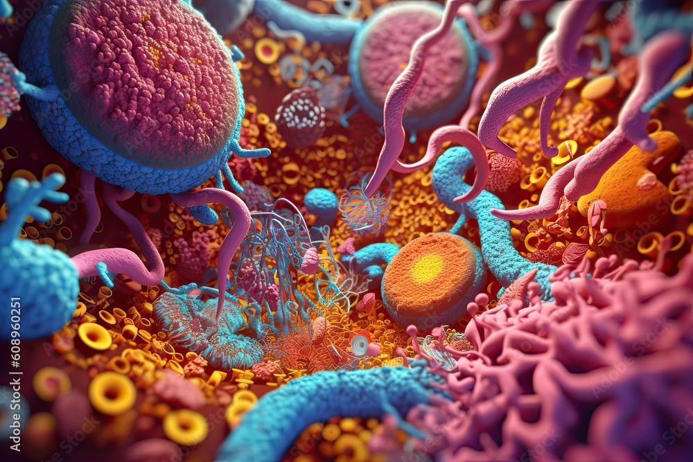 Microbiome 3d illustration, living in digestive system and outer surface of the body Generative ...