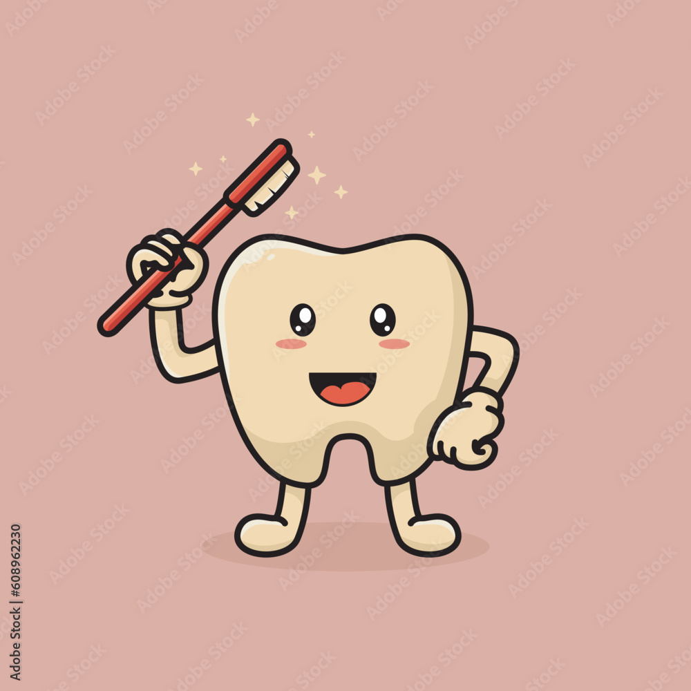 Cute tooth character holding red toothbrush with smiling expression ...