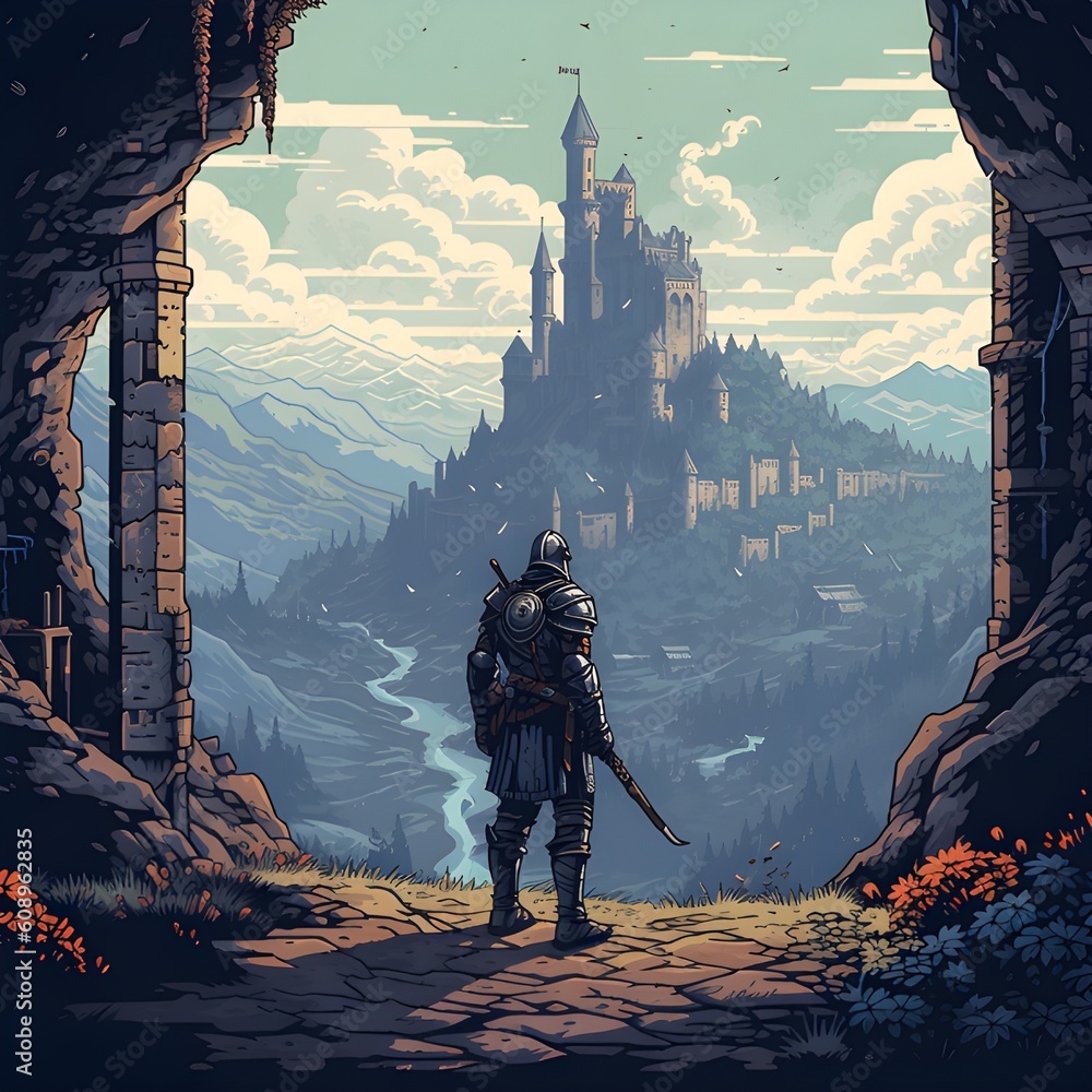 Medieval knight in a valley landscape and looking at a ruined castle ...