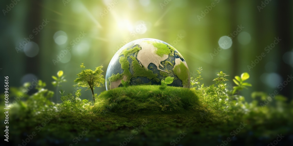 Planet earth on green background. World environment day and Earth day ...