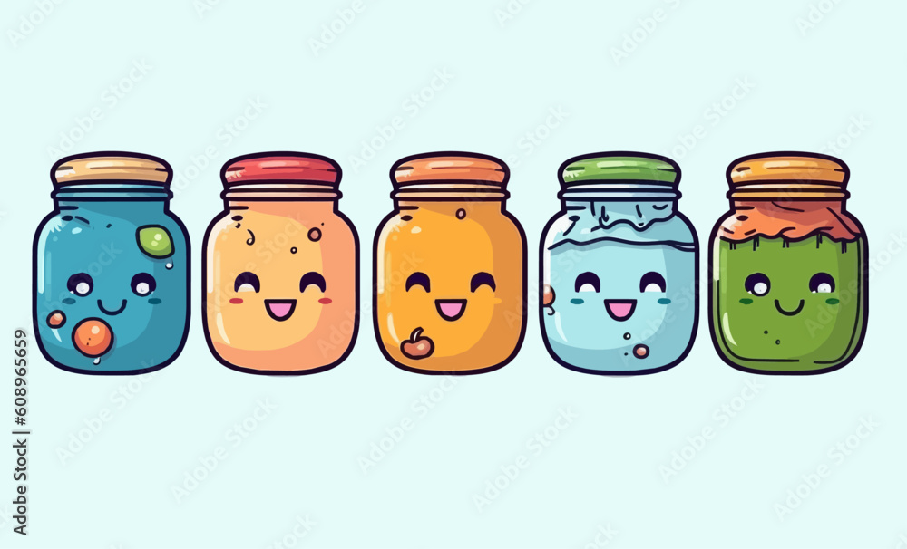 Vector Art, Set of Adorable cute Jar Characters, Cartoon Character ...