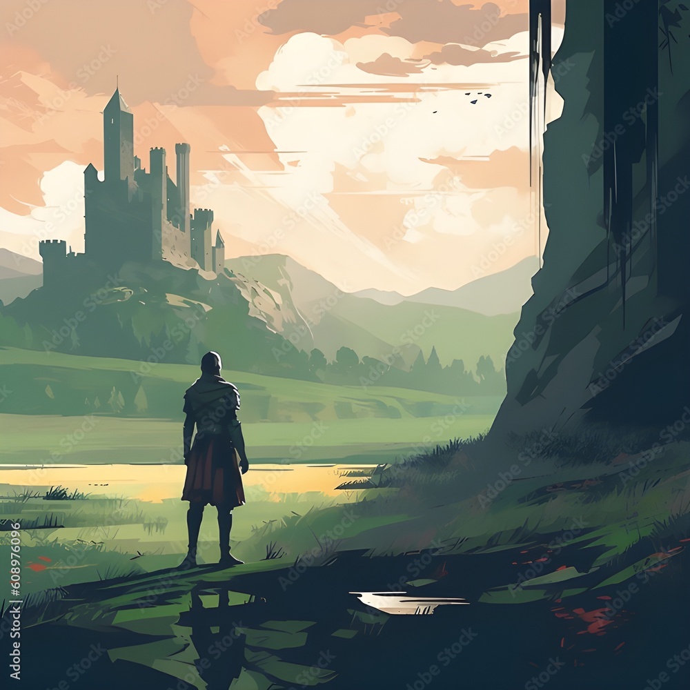 Medieval knight in a valley landscape and looking at a ruined castle ...