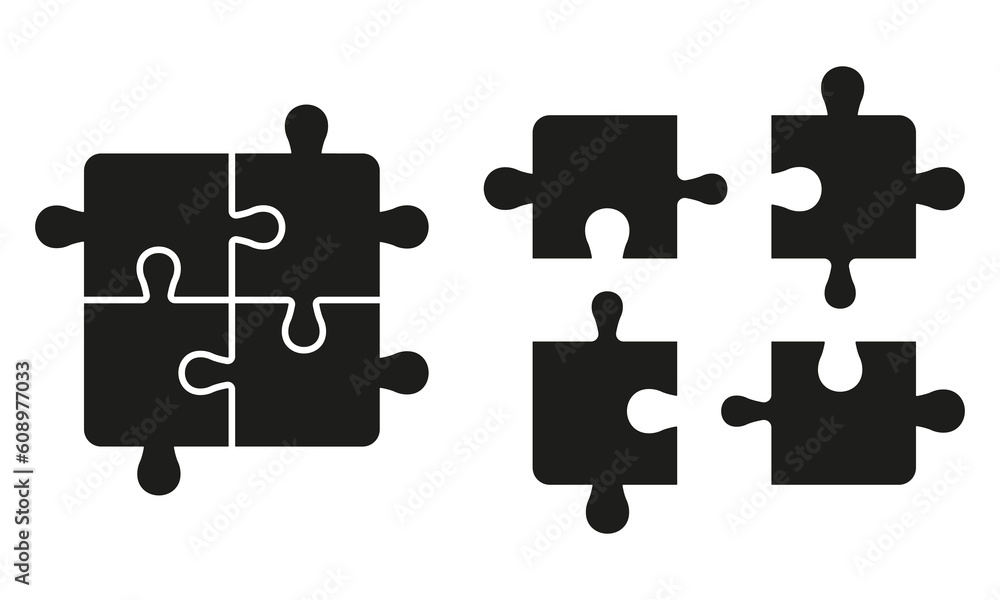 Puzzle Pieces Match, Combination Solution Silhouette Icon Set. Assemble ...
