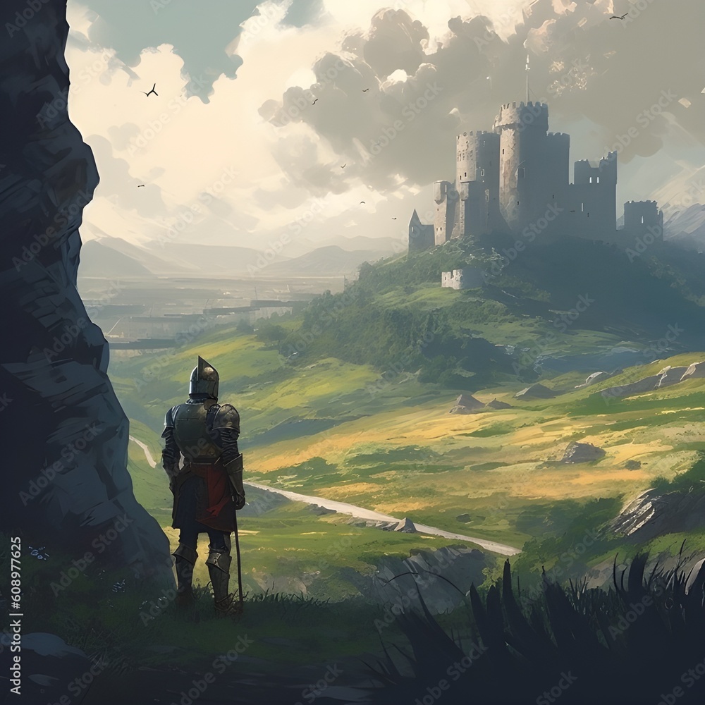 Medieval knight in a valley landscape and looking at a ruined castle ...