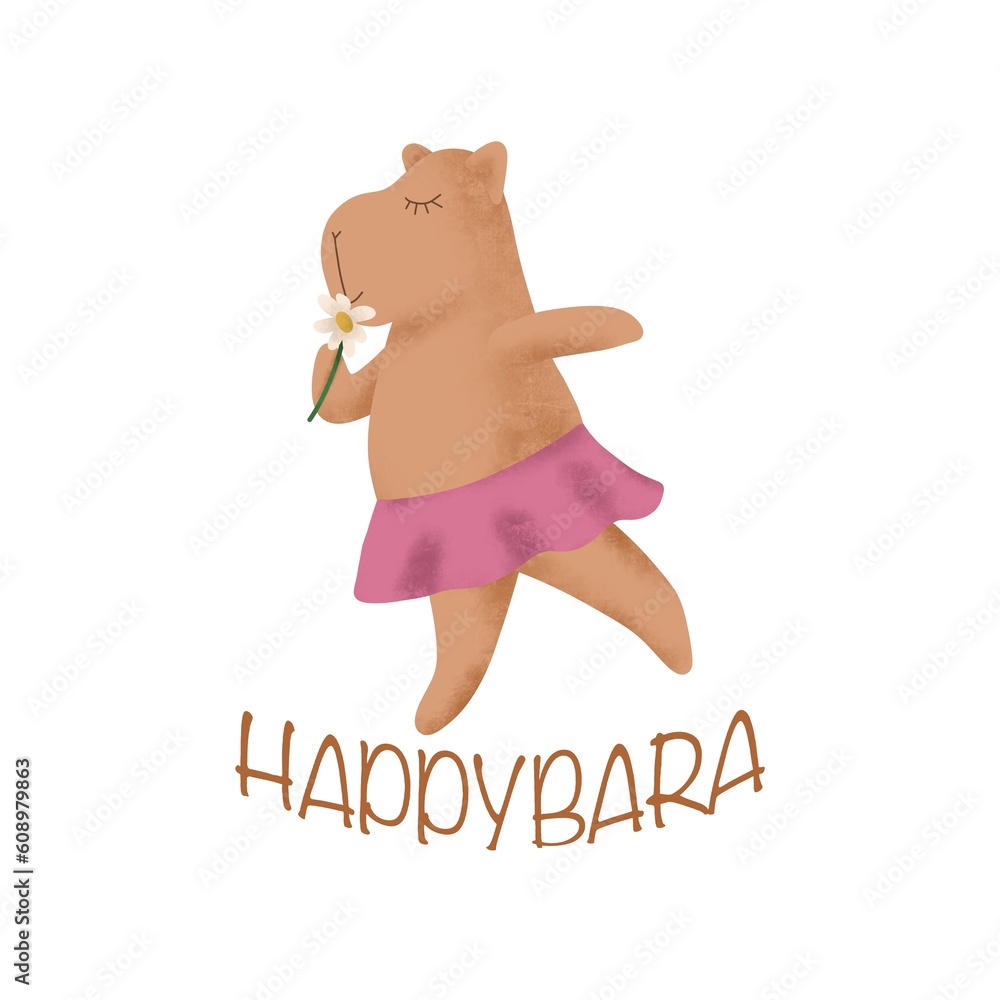 Cute capibara in pink skirt with flower in hand, isolated on white ...