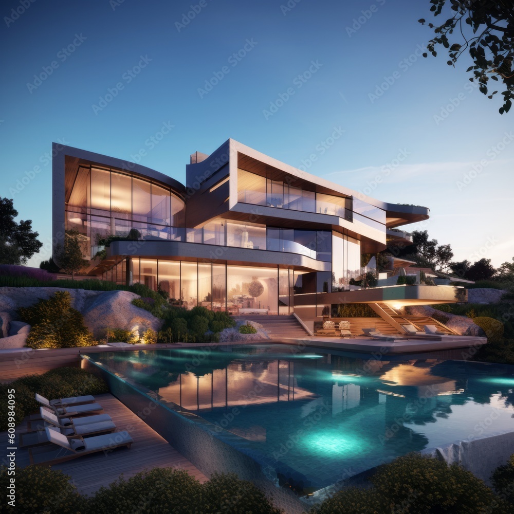 luxury modern mansion with pool (large windows, special design, sun ...