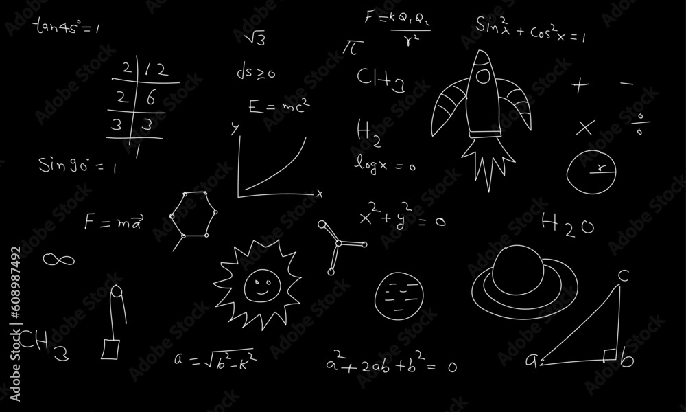 black board hand written maths,science formula and diagram,doodle hand ...