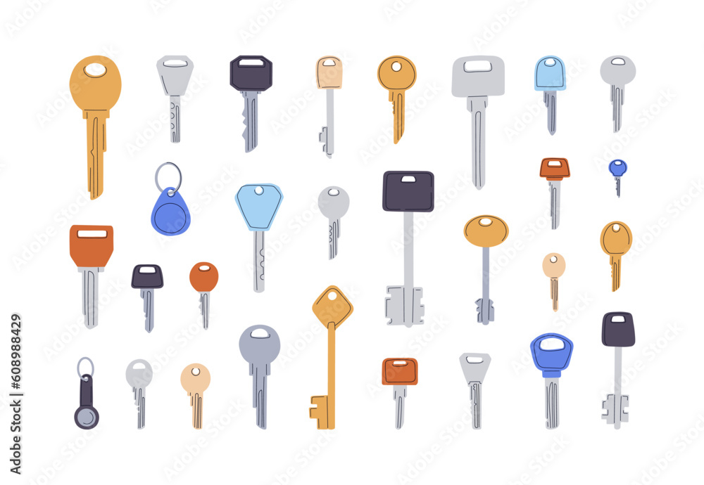 Door keys of different kind set. Metal items for opening, closing ...