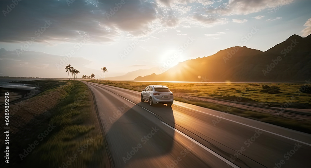 Car Driving Away Into Sunset