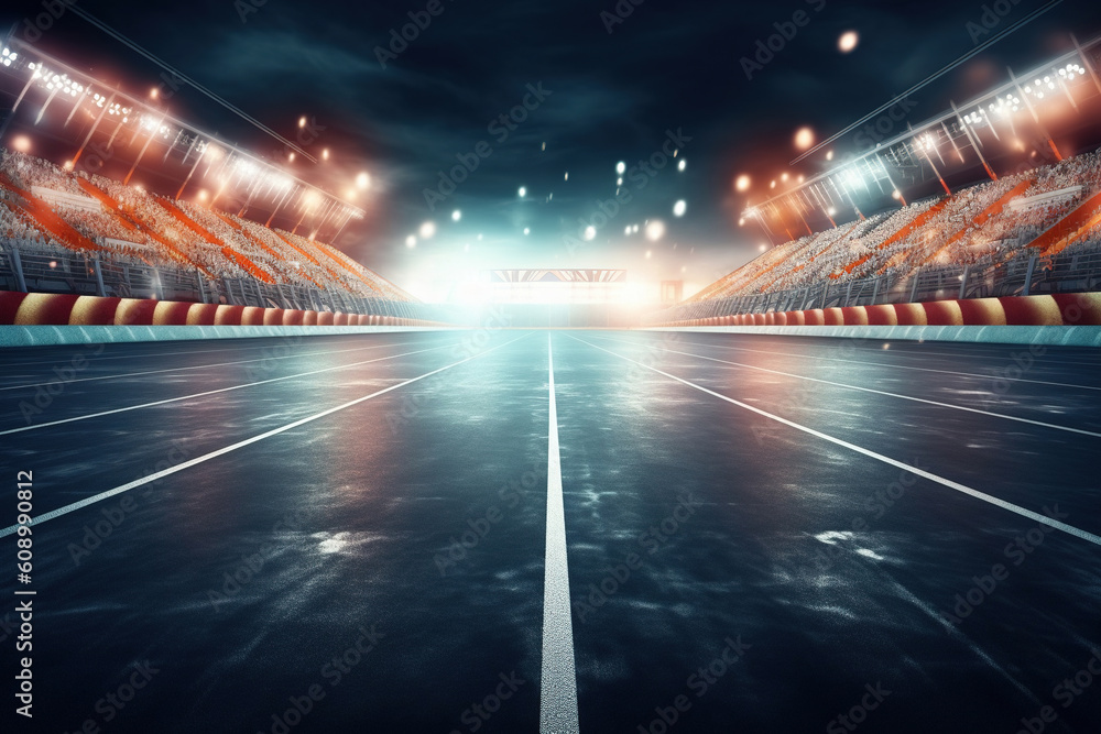 Asphalt racing track finish line with cheering fans and illuminated ...