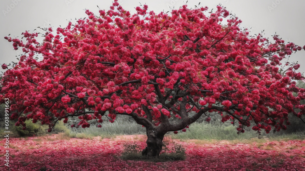 This photograph depicts a cherry tree against an invisible background ...