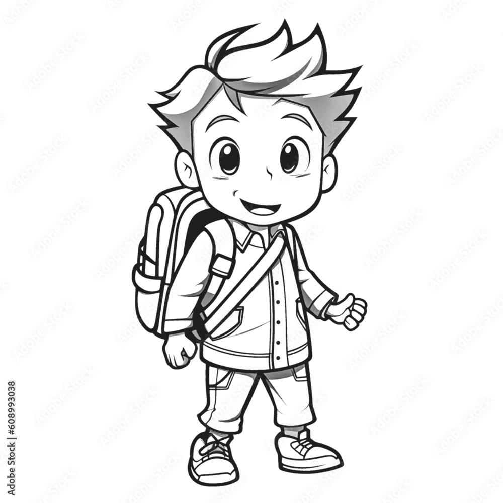 Handsome Outline Coloring Page: Full Body Shot of a School Boy for Kids ...