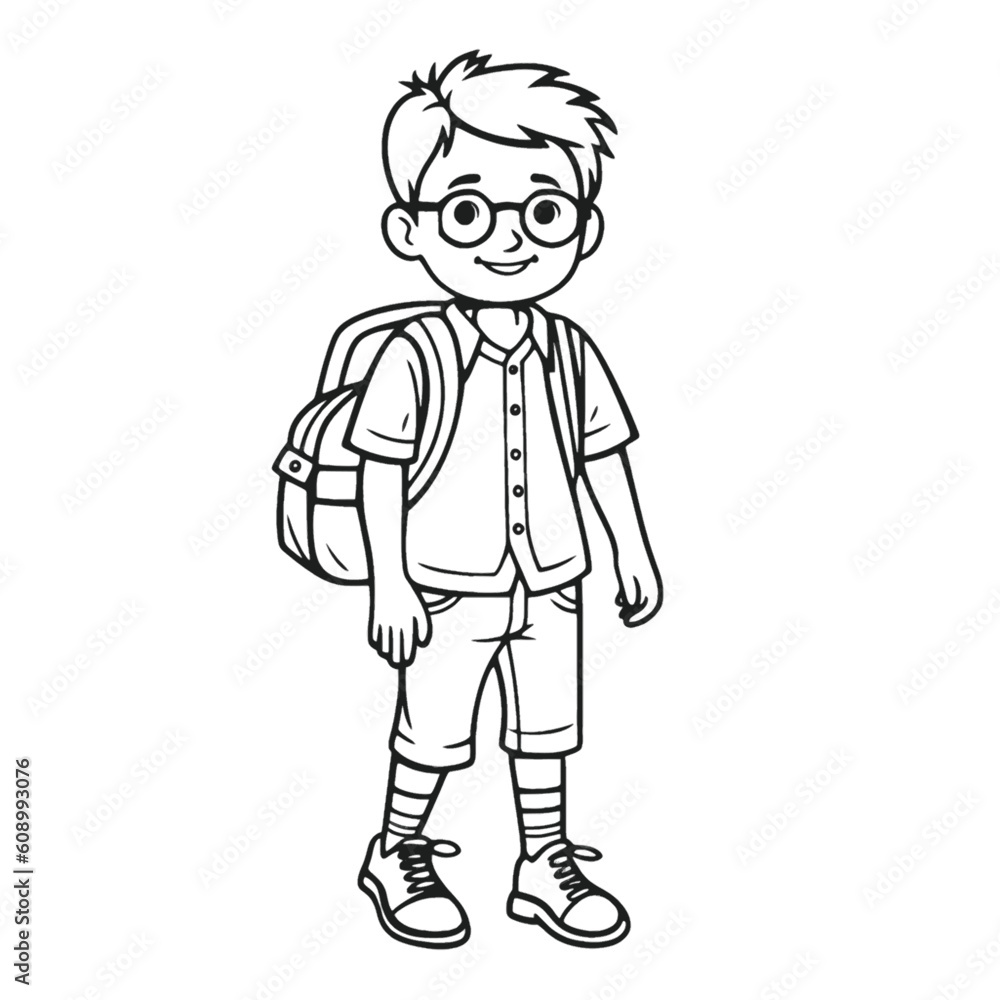 Handsome Outline Coloring Page: Full Body Shot of a School Boy for Kids ...