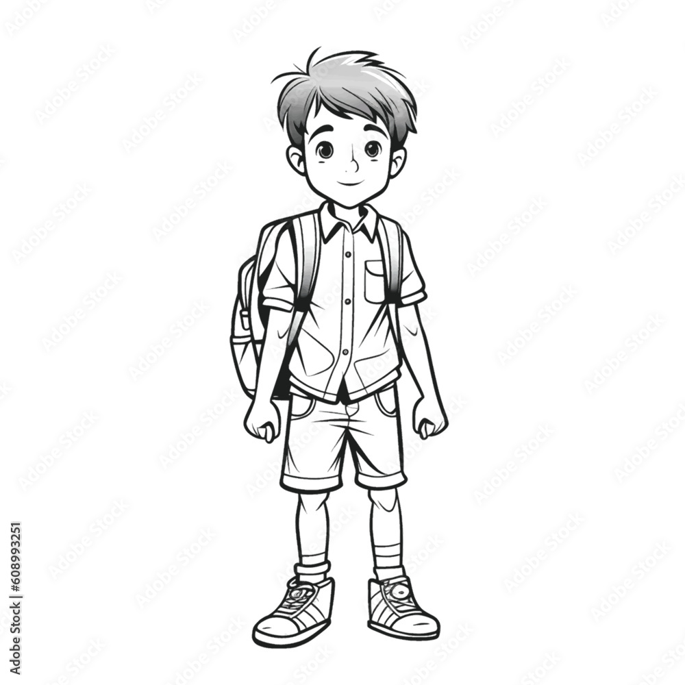 Handsome Outline Coloring Page: Full Body Shot of a School Boy for Kids ...