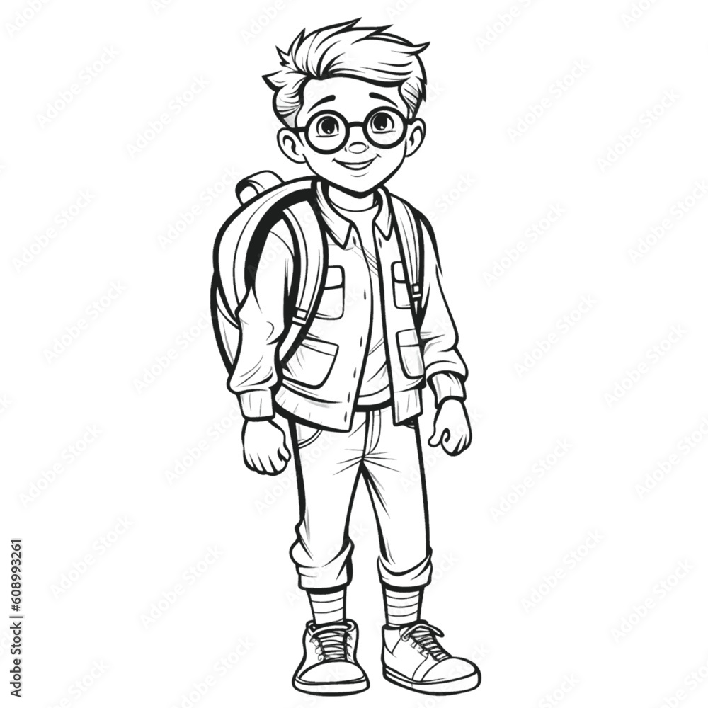 Handsome Outline Coloring Page: Full Body Shot of a School Boy for Kids ...